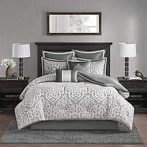 Madison Park Odette Cozy Comforter Set Jacquard Damask Medallion Design - Modern All Season, Down Alternative Bedding, Shams, Decorative Pillows, King(104 in x 92 in), Silver 8 Piece