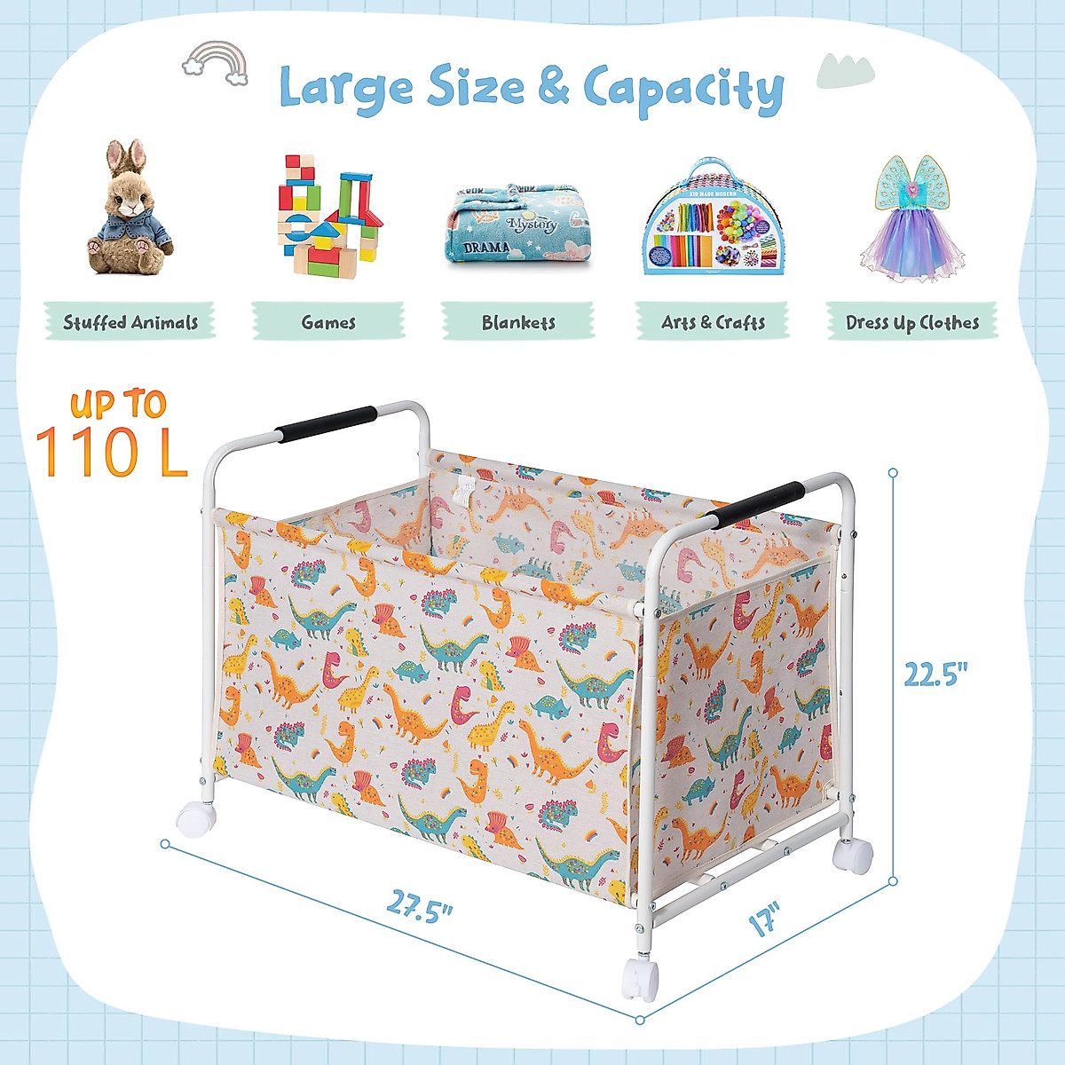 STORAGEIDEAS Large Toy Box Cart with Wheels, Sturdy Kids Toy Storage Organizer, Toy Chest Storage Bins Baskets for Boys, Girls in Living Room, Nursery, Playroom, Bedroom, 1 Large Section, Dinosaur