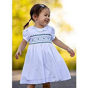 Toddler Baby Girls Soft Cotton Hand Smocked Dress Frilly Sleeve Ruffle Swing Tunic Shirt Casual Party Dress (2 Years) Blue Floral