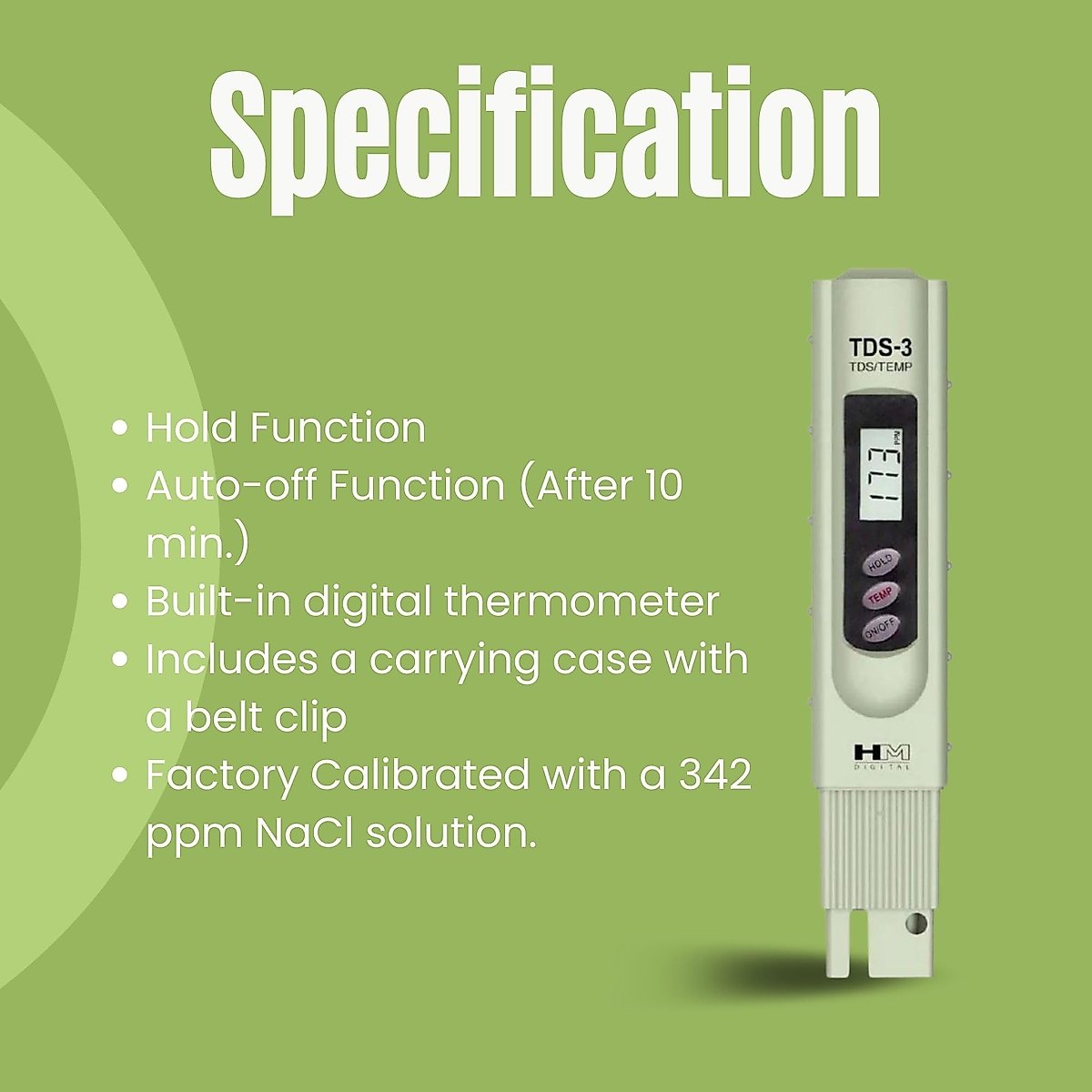 HM Digital TDS-3 Handheld TDS Meter With Carrying Case, 0 - 9990 ppm TDS Measurement Range, 1 ppm Resolution, +/- 2% Readout Accuracy