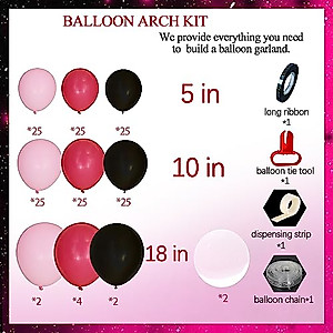 INFLORAL Black and Hot Pink Balloons Garland Arch Kit, 160 PCS Rose Red Black Pink Balloons Set, Latex Balloons Birthday Balloons for Party Decoration