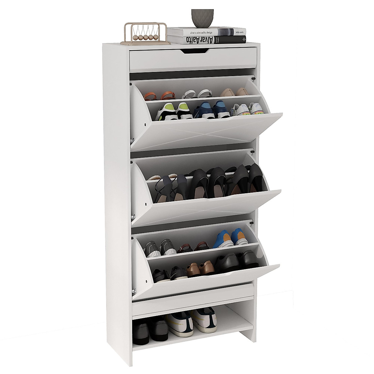 LSKTGA Tipping Bucket Shoe Storage Cabinet, 3-Tier Freestanding Tipping Bucket Shoe Cabinet Shoe Rack with Drawer and Adjustable Shelf, Modern Narrow Storage Organizer for Entryway