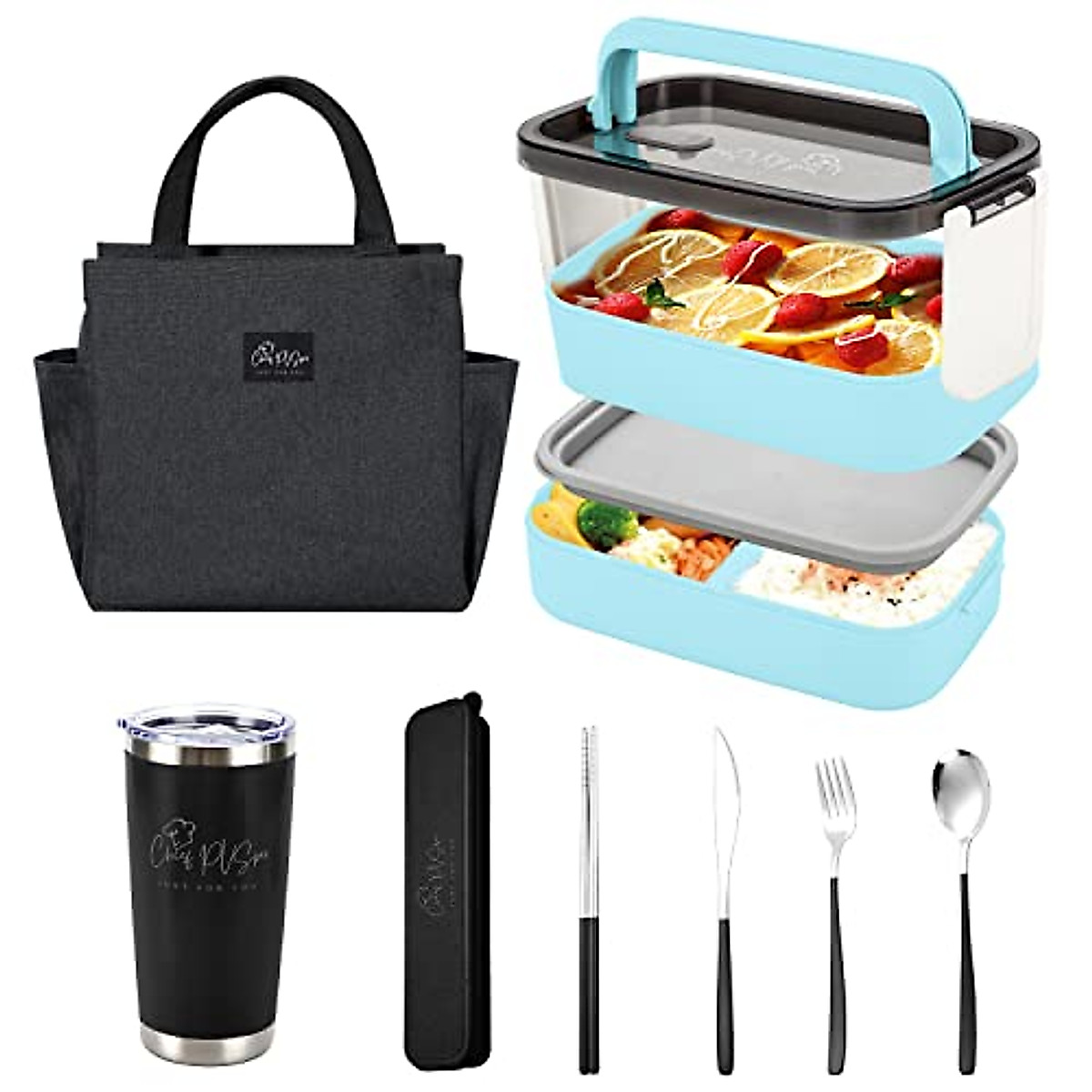 PVSpro JUST FOR YOU Bento Box Set with Insulated Tote, Mug & Cutlery Set, Stackable Bento Box for Lunch, Bento Kit Lunch Box with Handle, Large Bento Lunchbox Container, Japanese Bento (Sky blue)