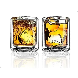 Sun's Tea Double Walled Drinking Glass, Manhattan-Style Glass for Hot and Cold Liquids, Whiskey, Bourbon, Vodka, and Scotch Borosilicate Clear Glass, Set of 2