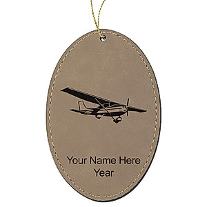 LaserGram Faux Leather Christmas Ornament, High Wing Airplane, Personalized Engraving Included (Light Brown, Oval)