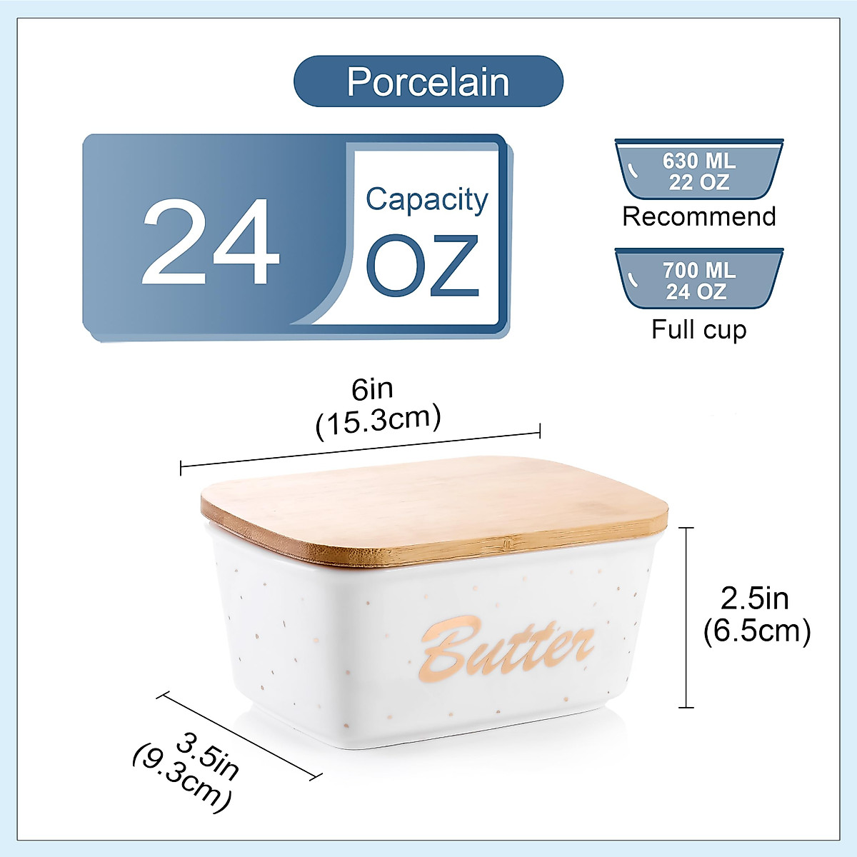 LOVECASA Butter Dish with Lid for Countertop, Porcelain Butter Keeper Holds up to 2 Sticks, Airtight Covered Butter Holder Container Perfect for Farmhouse Kitchen Decor Gift(Gold)