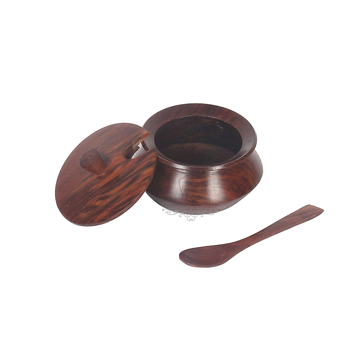 Creation India Craft Wooden Jar Set with Tray and Spoon, 50 ml, 2-Pieces,Indian Rosewood, Refreshner Box Table Top for Dinning Table