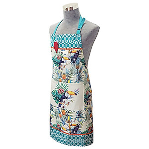 RED LMLDETA Adjustable Neck Strap Bib Apron 3 Pockets Extra Long Ties 100% Cotton Bird Printing Kitchen Men Women Chef Waiters Cooking Baking Barbecue BBQ Crafting Garden Christmas Gift (Bird flower)