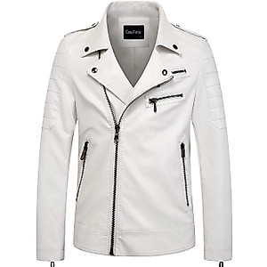 chouyatou Men's Vintage Asymmetric Zip Lightweight Faux Leather Biker Jacket (X-Large, White)