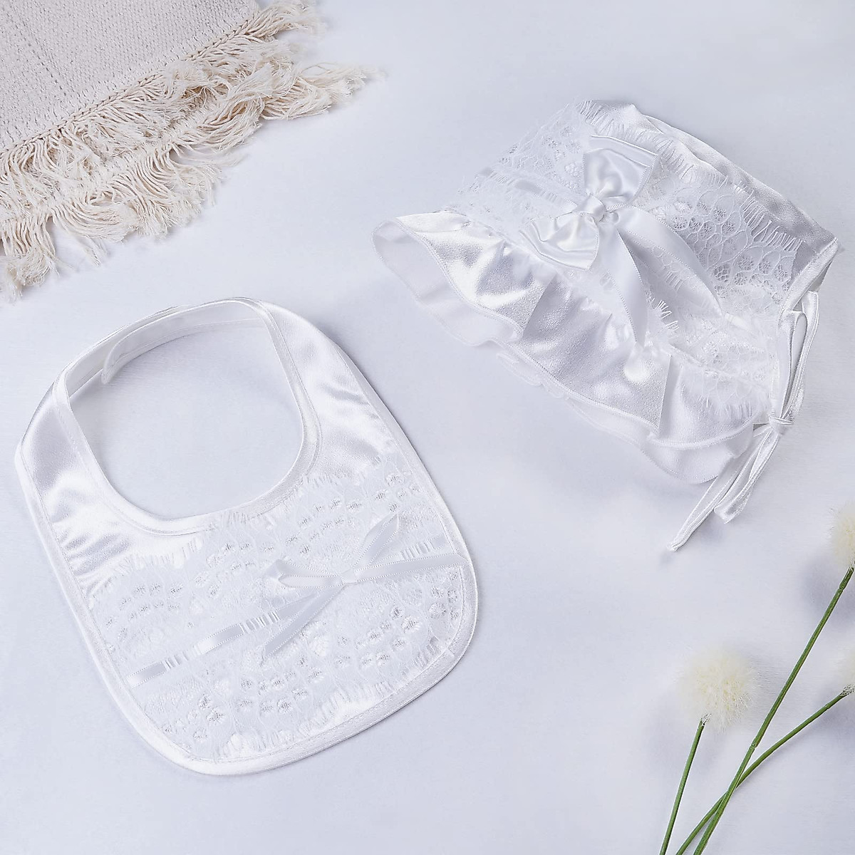 Booulfi Baptism Bib White Bibs for Baby Girl, Infant Toddler Feeding Bibs and Hat Set with Lace Satin Ribbon