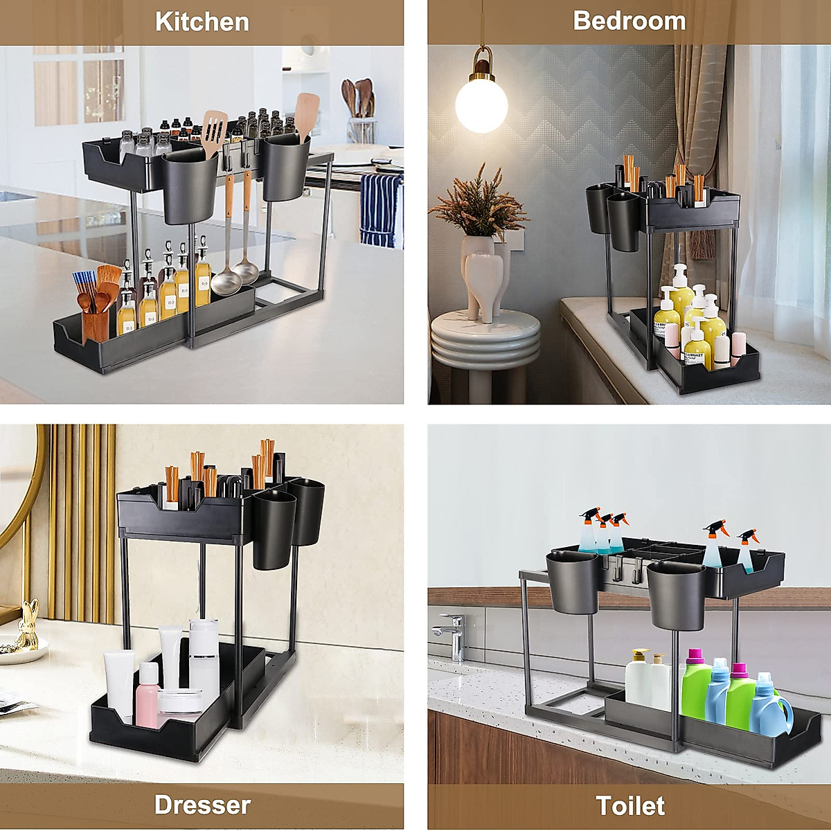 Under Sink Organizers and Storage - 2 Tier Sliding Bathroom Organizer Kitchen Cabinet Basket Storage Shelf with 4 Hooks and 2 Hanging Cups for Home Storage