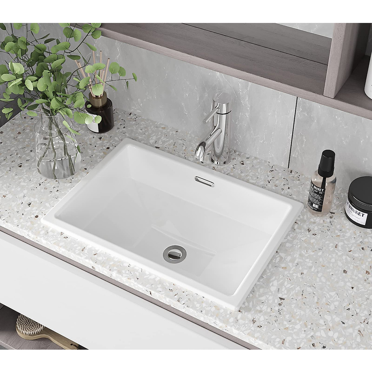 AMASHEN 20.5" x 14.4" Self-rimming Bathroom Sink Undermount or Drop-in Ceramic Vanity Basin with Overflow