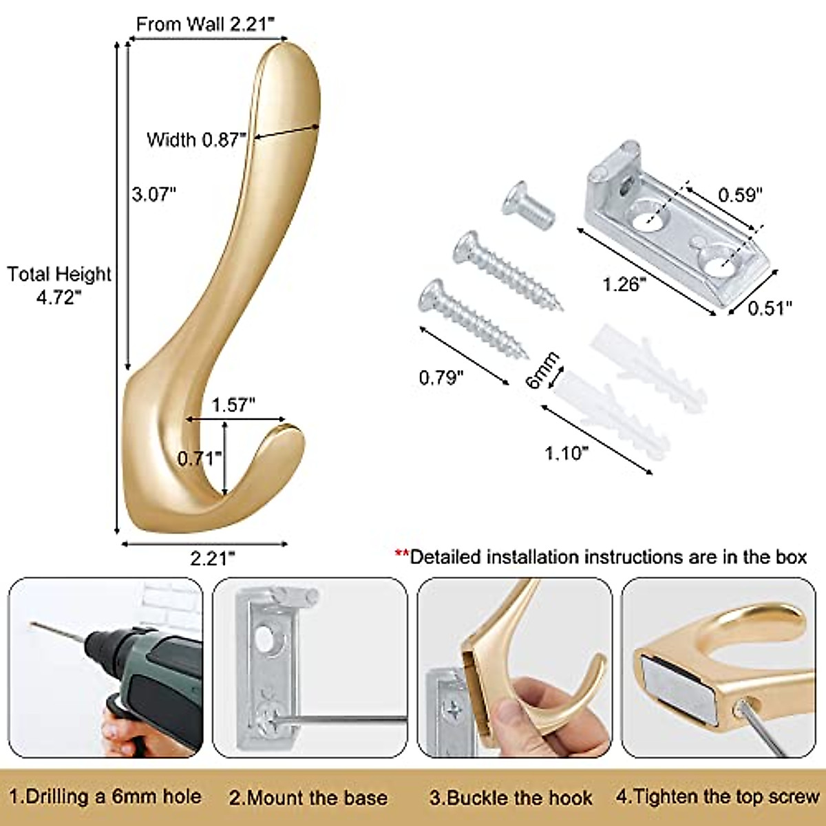 Gold Coat Hooks Wall Mounted, 4 Pack Gold Wall Hooks for Hanging Coats Robe Hats Bags Purses, Towel Hooks for Bathrooms Decorative Wall Hook Heavy Duty Double Hooks for Clothing