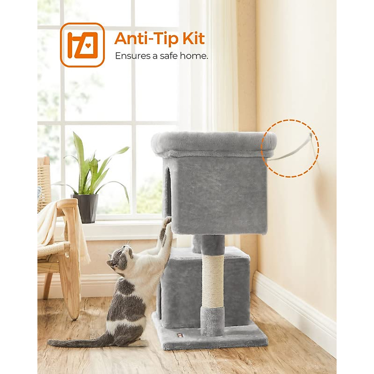 Feandrea Cat Tree, 33.1-Inch Cat Tower, L, Cat Condo for Large Cats up to 16 lb, Large Cat Perch, 2 Cat Caves, Scratching Post, Light Gray UPCT61W