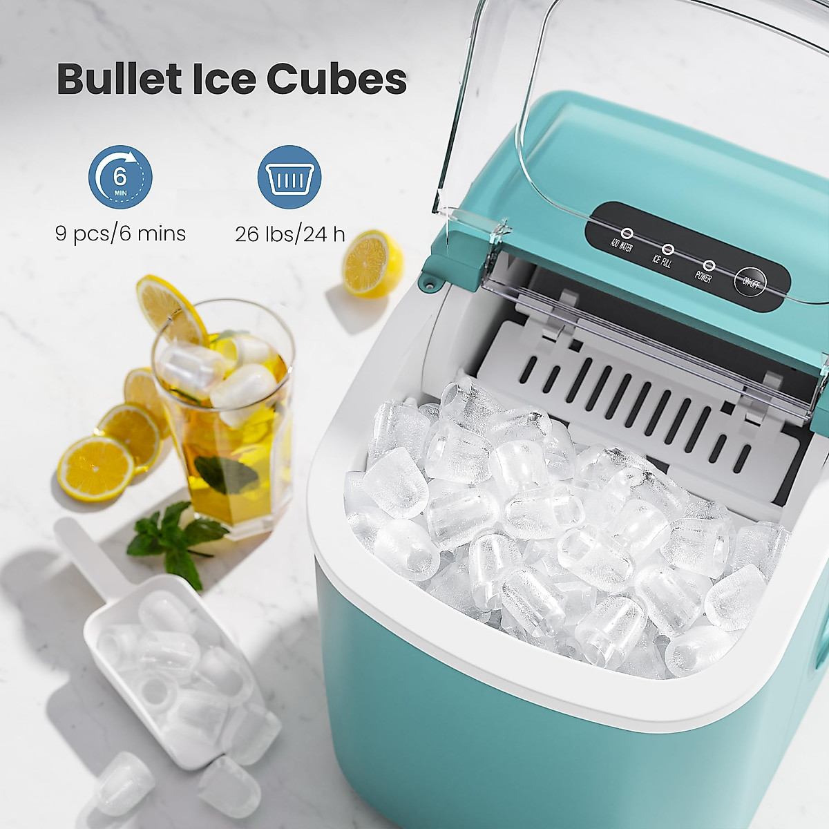 Portable Ice Maker Machine with Handle, 26lbs/24Hrs, 6Mins/9 Ice Cubes, Self-Cleaning with Basket/Scoop, Countertop Ice Makers for Home/Kitchen/Office(Green)