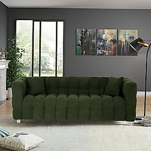 BSYEIO Modern Sofa Couch with Metal Legs Upholstered Tufted 3 Seater Couch with 2 Pillows Comfy Boucle Couch for Living Room, Bedroom, Office, 80 Inch Wide (Green-Teddy)