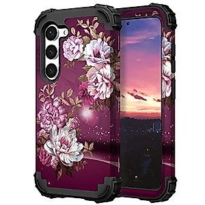 Hocase for Galaxy S23 Case, Shockproof Heavy Duty Protection Soft Silicone Rubber Bumper+Hard Plastic Hybrid Protective Case for Samsung Galaxy S23 (6.1" Display) 2023 - Royal Purple Flowers