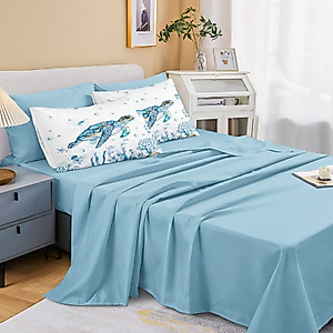 Sea Turtle Comforter Ocean Themed Bedding Sets 6 Pieces Twin Bed in A Bag Teal Blue Turtle Sea Horse Animal Cartoon Pattern Beach Coastal Bedding Comforter (Sea Turtle, Twin)