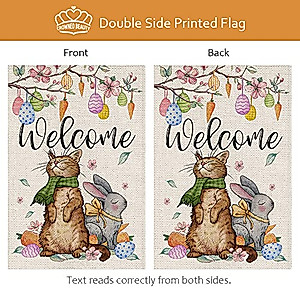 CROWNED BEAUTY Easter Garden Flag 12×18 Inch Double Sided Cat Bunny under Egg Tree Welcome Outside Vertical Small Holiday Yard Decoration
