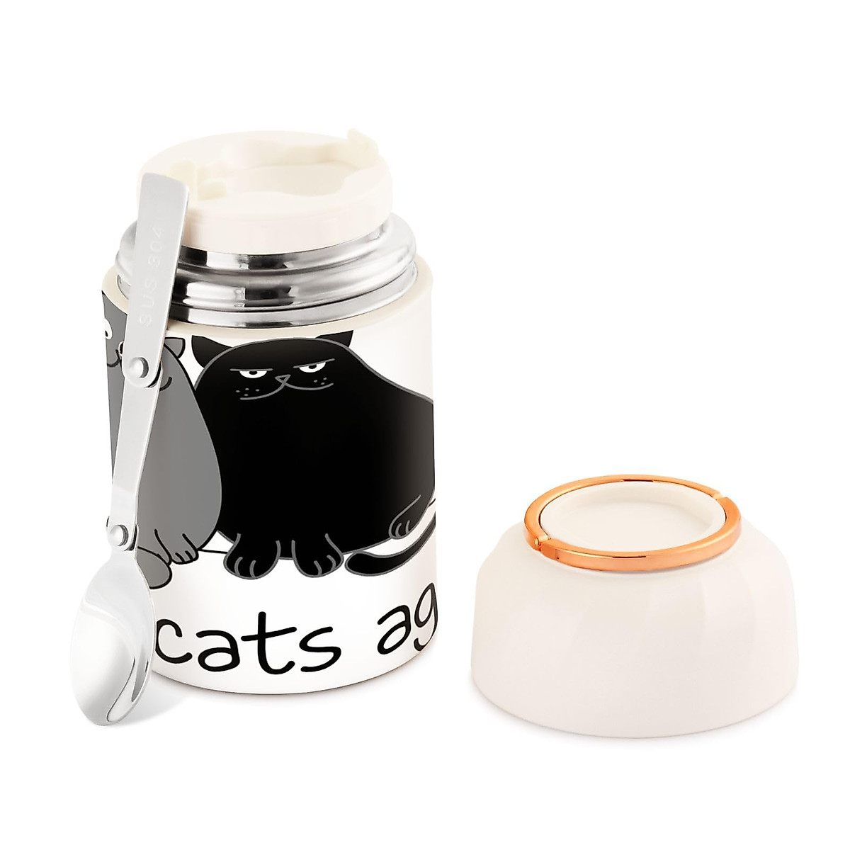 CUPADA Cute Different Cats Food Jar, Funny Quote Insulated Hot Food Jars Vacuum 17OZ with Folding Spoon for Work Trip Picnic Camping