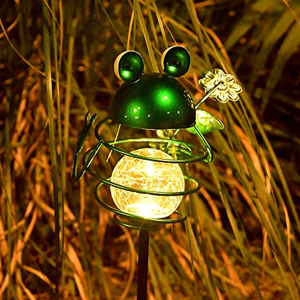 Garden Solar Lights Pathway Outdoor Frog Beetle Dragonfly owl Crackle Glass Globe Stake Metal Lights,Waterproof Warm White LED for Lawn,Patio or Courtyard (Frog)