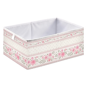linqin Floral Pattern with Pink Roses Collapsible Open Storage Bins, Foldable Toy Nursery Storage Basket Bin Cloth Cube Rectangular Organizer with Handles for Shelves Closet Home Decor