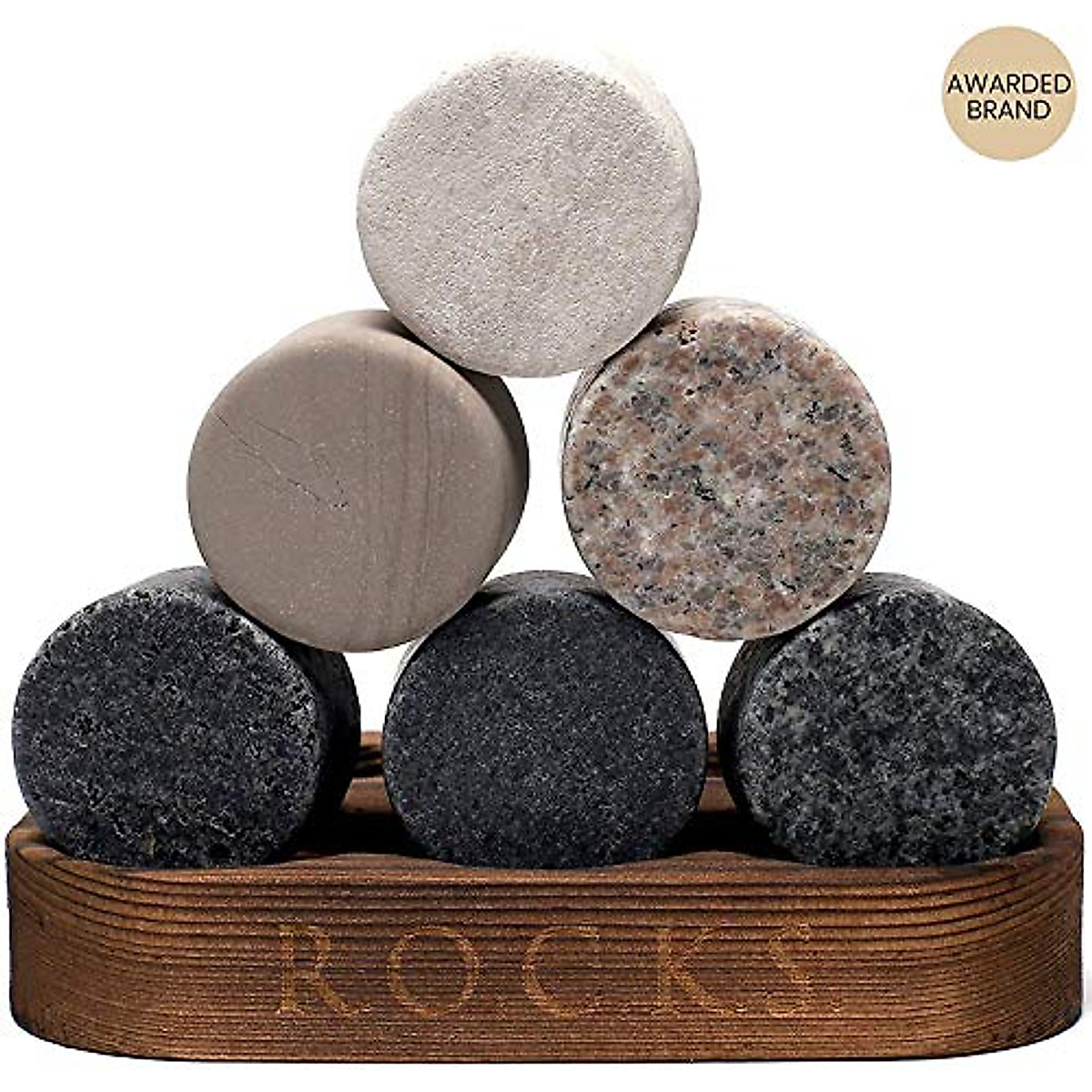 Whiskey Stones & Premium Crystal Nosing Glass Gift Set - 6 Handcrafted Granite Round Sipping Rocks - Tumbler for Whiskey, Scotch, Bourbon Tasting - Hardwood Presentation Tray - Gold Foil Box by Rocks