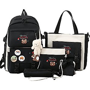 MOJIDUO 5Pcs Set Kawaii Backpack with cute plush Pendants & Badge,19 gallon capacity School Bag Cute Aesthetic Backpack