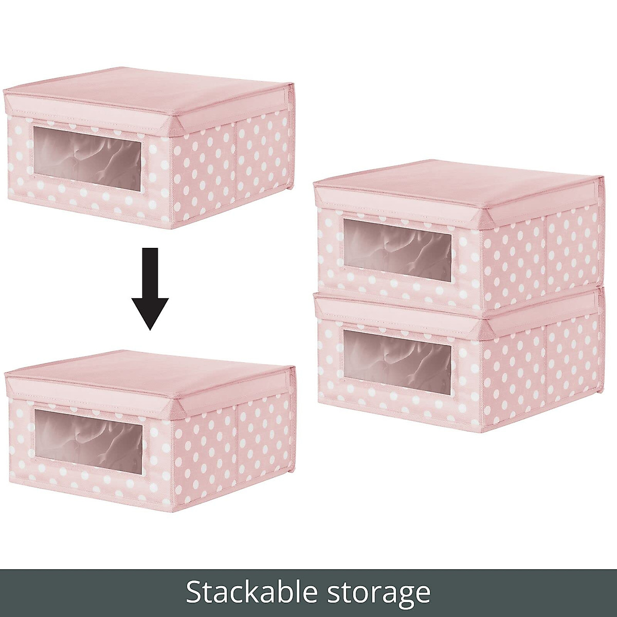 mDesign Medium Soft Stackable Fabric Baby Nursery Storage Organizer Holder Bin Box with Front Window and Lid for Child/Kids Bedroom, Playroom, Classroom - 4 Pack - Pink/White Polka Dot