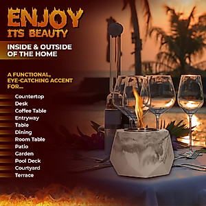 Hexagonal Concrete Tabletop Fire Pit - Indoor/Outdoor Smokeless Fire Pit with 2 Stainless Steel Chambers Burns Rubbing Alcohol, Bio Ethanol Fuels - Table Top Fire Pit Bowl/Mini Tabletop Fireplace