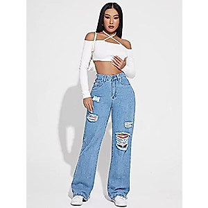 SweatyRocks Women's High Waisted Ripped Boyfriend Jeans Distressed Denim Pants with Pockets Light Wash S