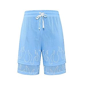 BOOMLEMON Men's Basketball Shorts Gym Workout Athletic Running Shorts Mesh Graphic Print Casual Short Pants(Blue L)