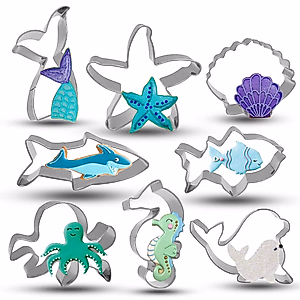 Bonropin Under The Sea Creatures Cookie Cutter Set - 8 Piece Stainless Steel Cutters Molds Cutters for Making Shark, Mermaid Tail, Seahorse, Starfish, Seashell, Octopus, Clownfish, Seal