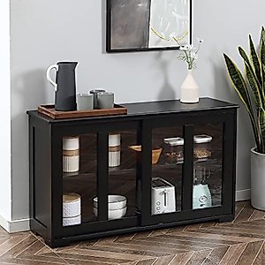 HOMCOM Sideboard Buffet Cabinet, Stackable Credenza, Coffee Bar Cabinet with Sliding Glass Door and Adjustable Shelf, Black