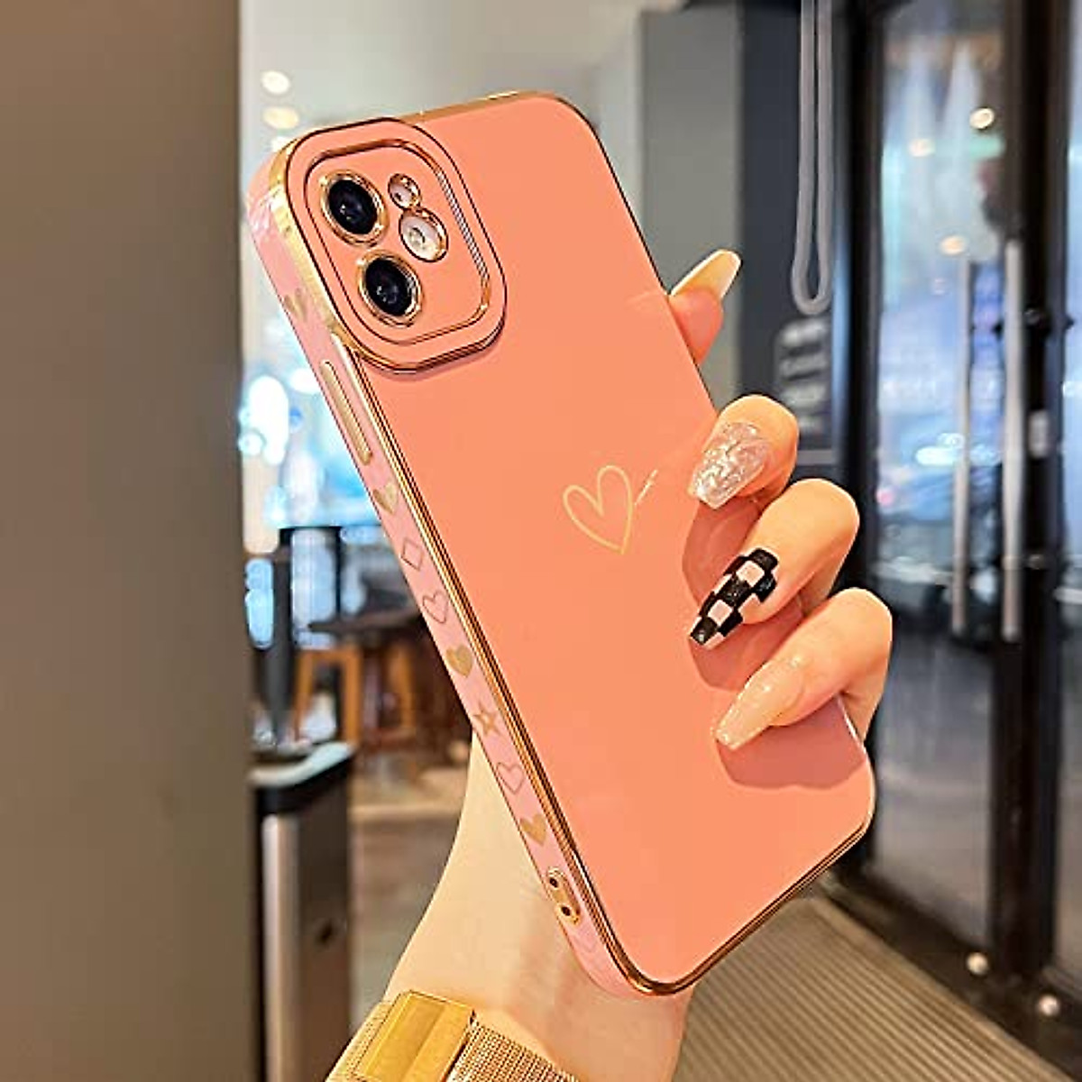 Skyseaco Compatible with iPhone 12 Case, Cute Luxury Plating Heart Case for Women Girls, Soft TPU Full Camera Shockproof Protective Case for iPhone 12 6.1 inch.(Pink)