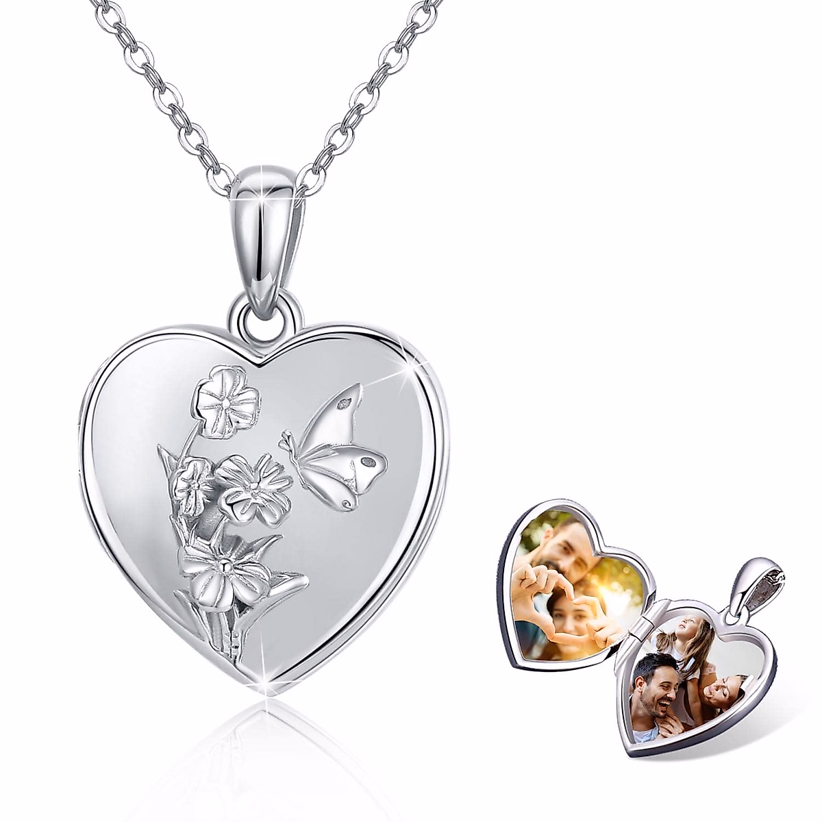 Butterfly Heart Locket Necklace That Hold 2 Photos, 925 Sterling Silver 3D Butterfly with Flowers Blooming Locket Necklace, silver, not known