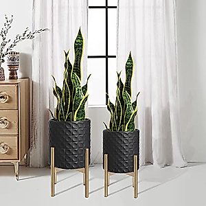 Oakrain Mid Century Planters for Indoor Plants, Set of 2, Modern Decorative Metal Planter Pots for Living Room, Office, Garden or Balcony, Black Planter with Stand, 8 inch & 10 inch