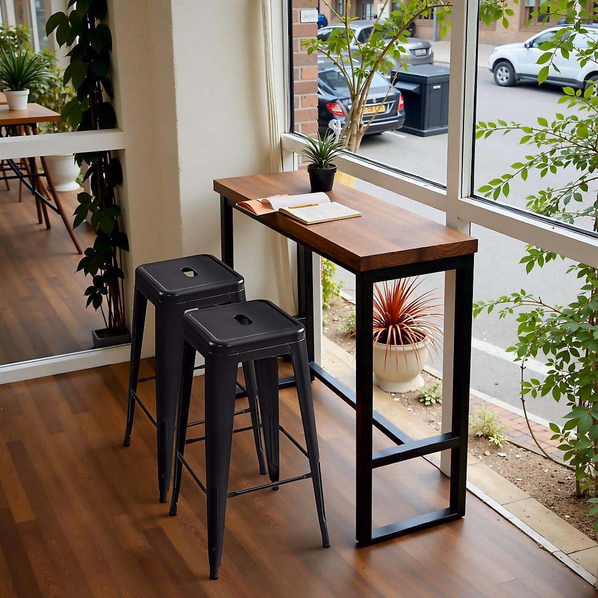 Furmax 30 Inches Metal Bar Stools Bar Height High Backless Stools Indoor Outdoor Stackable Kitchen Stools Set of 4 (Dark Black)