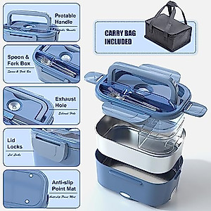 Adocfan Electric Lunch Box, 60W 3 in 1 Food Heater Car Use 12V/24V and Home Use 110V, Portable Lunch Heater, Removable Stainless Steel Container, Fork, Spoon and Carry Bag (Blue)