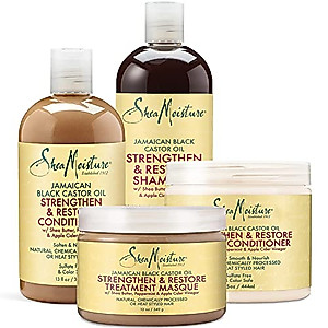 Shea Moisture Strengthen Grow & Restore Combo Bundle, Includes - 16 Ounce Jamaican Black Castor Oil Shampoo | 16 Ounce Leave-In Conditioner | 13 Ounce Conditioner | 12 Ounce Treatment Masque