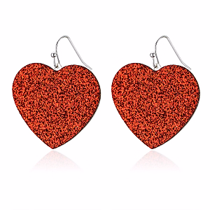 RareLove Valentines Gifts Bling Red Heart Hook Dangle Earrings Statement Jewelry For Women Silver Alloy Plated