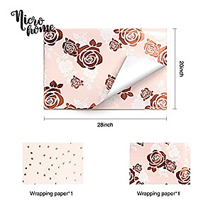 NICROHOME Metallic Rose Gift Wrapping Paper, 2PCS 20 X 28 Inch Pink Tissue Paper for Packaging, Floral Wrapping Paper with Modern Gold Polka Dot for Wedding, Birthday, DIY Craft
