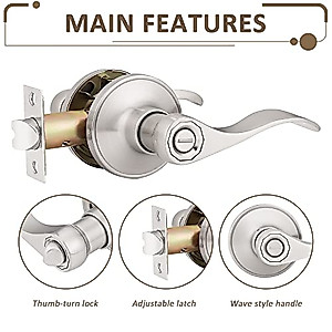 Probrico (6 Pack Privacy Door Lever[Thumb Turn Lock on The Inside],Locking Door Handle Set for Bedroom & Bathroom Doors,Keyless Satin Nickel Finish Wave Door Lock, Reversible Right & Left Side Handed
