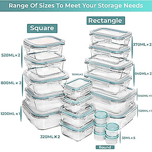 Razab 35 Pc Set Glass Food Storage Containers with Lids - Glass Meal Prep Containers Airtight Glass Bento Boxes BPA-Free 100% Leak Proof (15 lids,15 glass & 5 Plastic Sauce/Dip Containers)