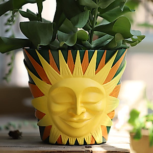 GUGUGO Sun Face Planters Pots Head Unique Head Planter with Drainage, Cute Flower Plant Pot for Indoor & Outdoor Plants, Funny Succulent Gardening Pots for Plant Lover Gifts (Green Back,5.5Inch)