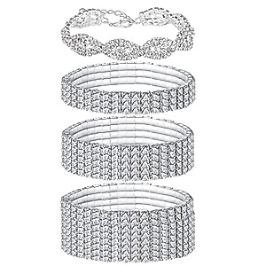 JEWPARK 4 PCS Crystal Tennis Bracelet Silver Rhinestone Stretch Bracelets for Women 4A