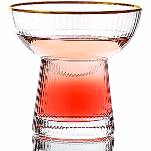 Lysenn Stemless Margarita Glasses Set of 2 - Elegant Vertical Stripes Cocktail Glasses – Premium Hand Blown Glassware for Martini and Mixed Drinks – 10 oz Gold Rim