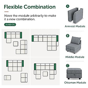 HONBAY Oversized Sectional Sofa with Wide Chaise Reversible Sectional Modular Sofa Couch with Ottomans U Shaped Corner Sectional with Storage for Living Room, Office, Spacious Space,Grey