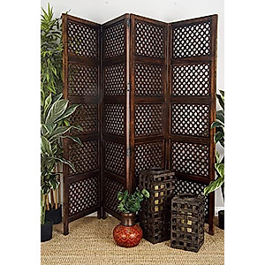 Deco 79 Wood Floral Handmade Hinged Foldable Partition 4 Panel Room Divider Screen with Intricately Carved Designs, 80" x 1" x 72", Brown