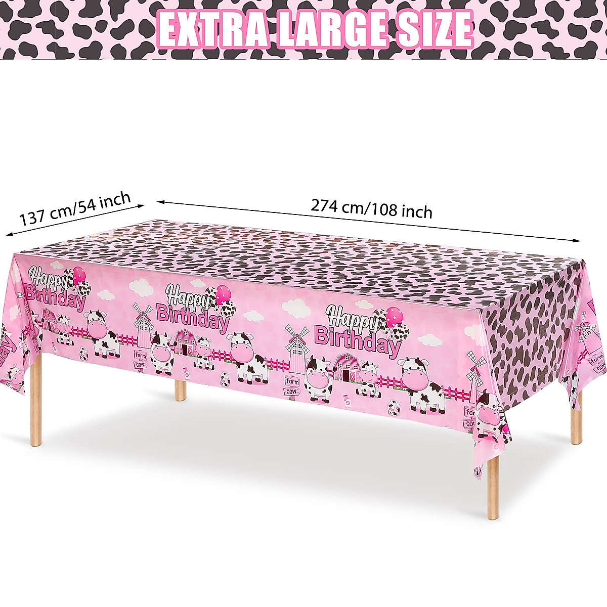 Tiamon 3 Pieces Cow Birthday Party Tablecloth Decorations Plastic Farm Animal Table Cover Pink Cow Print Table Cloths for Farmhouse Girls Happy Birthday Baby Shower Party Supplies, 108 x 54 Inches